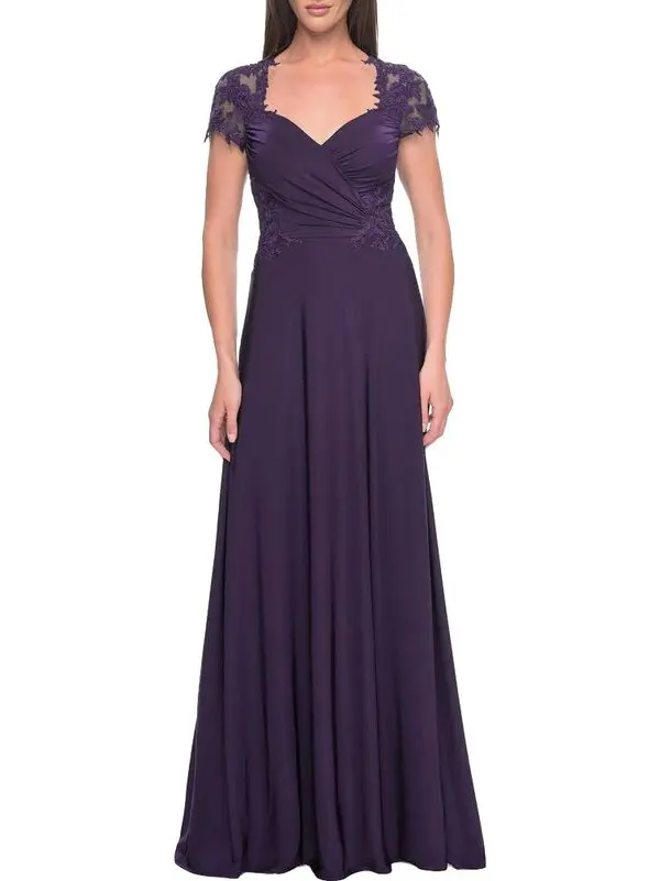 LABOMME Jersey Evening Gown With Lace Details - Eggplant