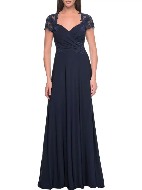 La Femme Jersey Evening Gown With Lace Details - Navy