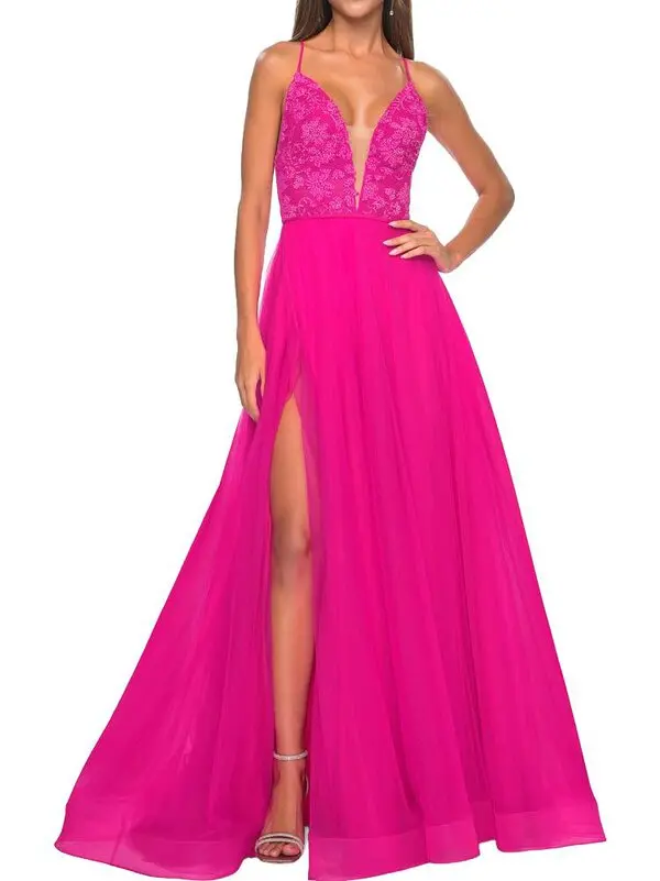 La Femme Illusion Lace Bodice A-line Tulle Gown - Hot Fuchsia