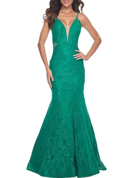 LABOMME Long Mermaid Lace Dress With Rhinestone Detail - Jade