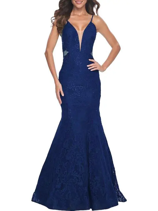 La Femme Long Mermaid Lace Dress With Rhinestone Detail - Navy