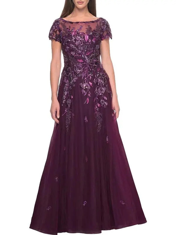 LABOMME A-line Gown With Sequin Floral Applique - Dark Berry