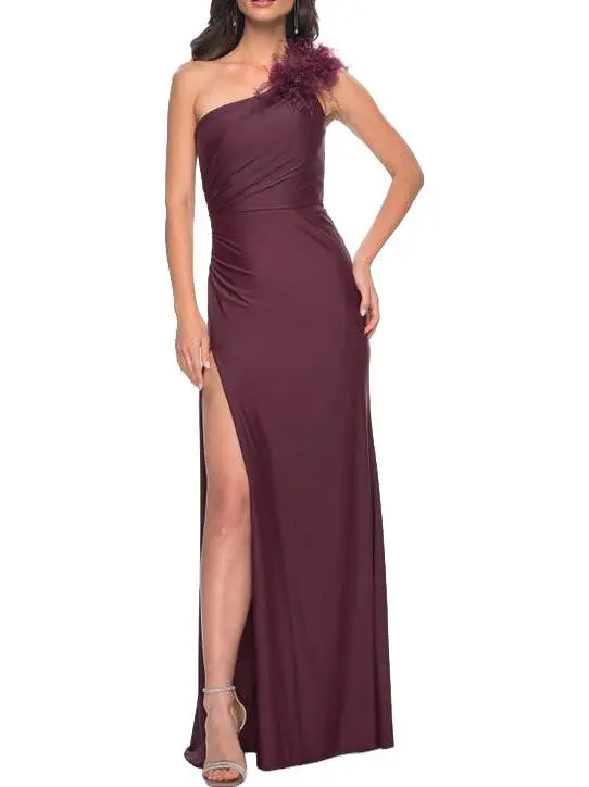 LABOMME One-shoulder Feathered Jersey Gown - Dark Wine
