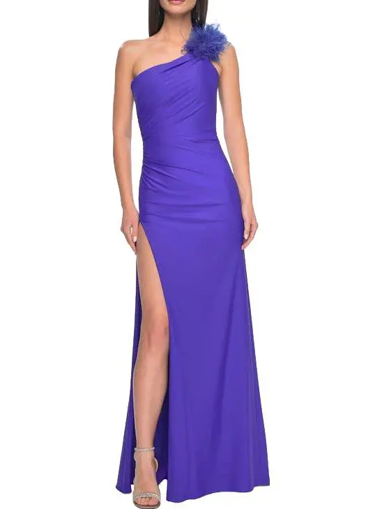 LABOMME One-shoulder Feathered Jersey Gown - Royal Blue