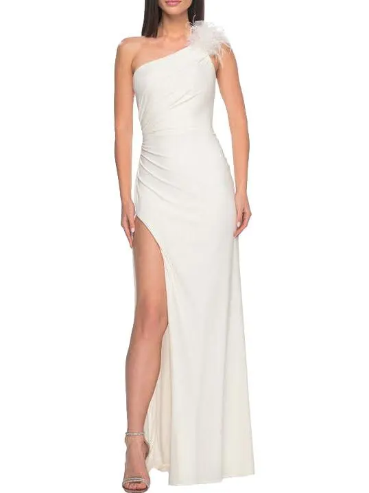 LABOMME One-shoulder Feathered Jersey Gown - White