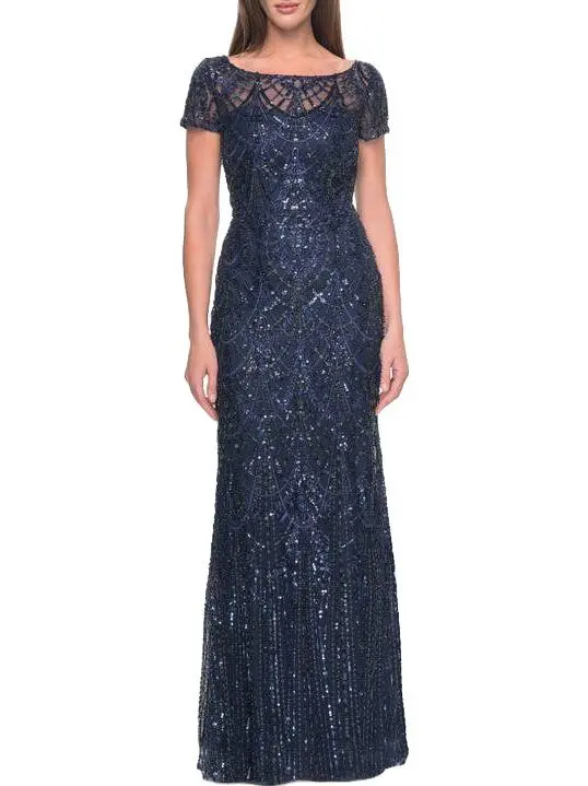 La Femme Beaded Gown - Navy