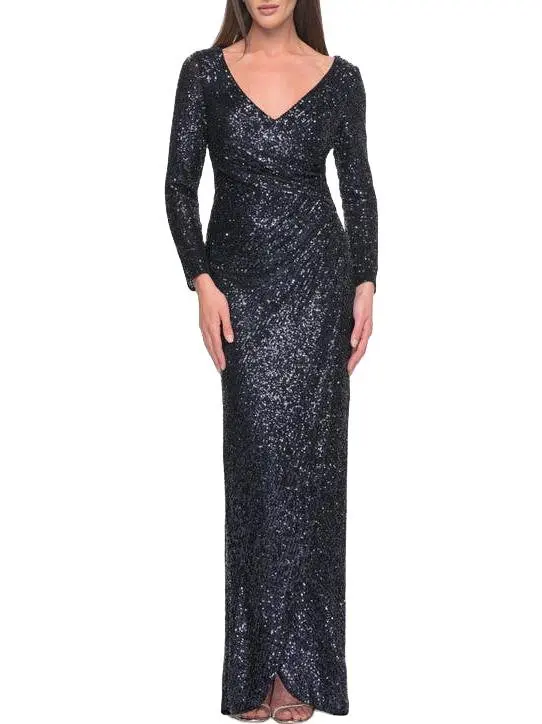 LABOMME Long Sleeve Sequin Evening Gown - Navy