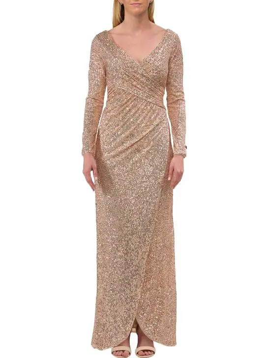 LABOMME Long Sleeve Sequin Evening Gown - Rose Gold