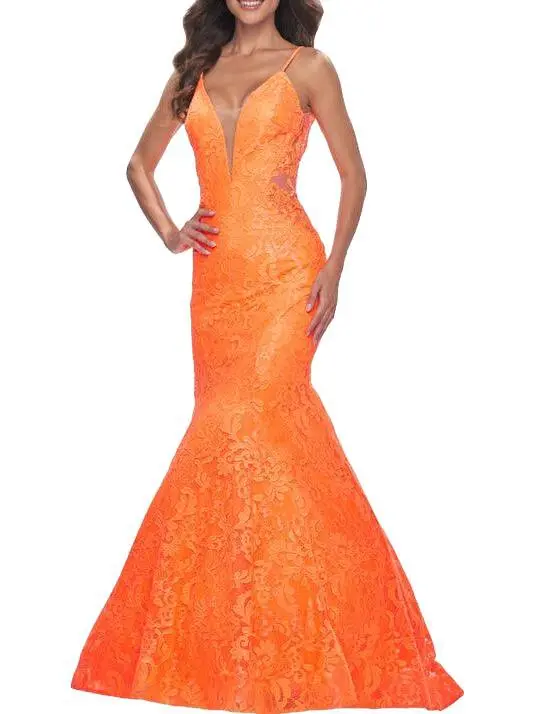 LABOMME Long Mermaid Lace Dress With Rhinestone Detail - Bright Orange
