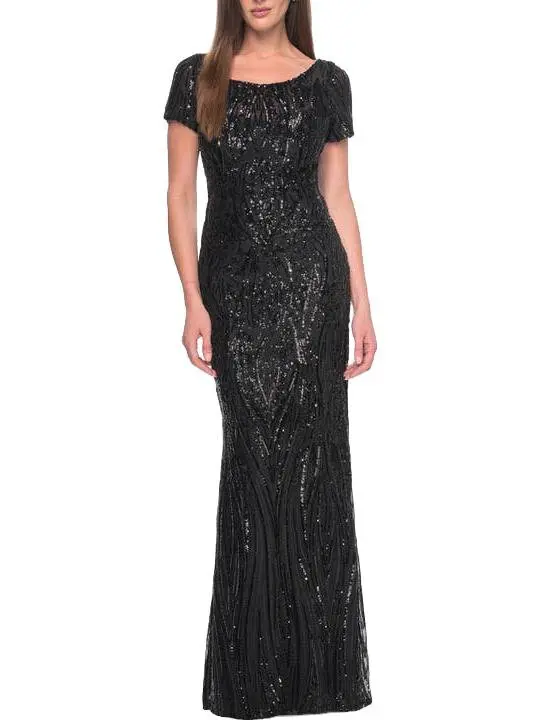 LABOMME Print Sequin Evening Dress - Black