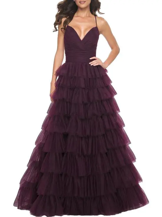 LABOMME A-line Tulle Gown With Slit - Dark Berry