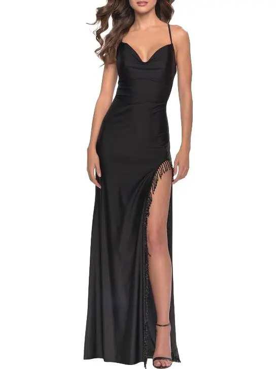 La Femme Fringe Beaded Slit Jersey Gown With Lace Up Back - Black