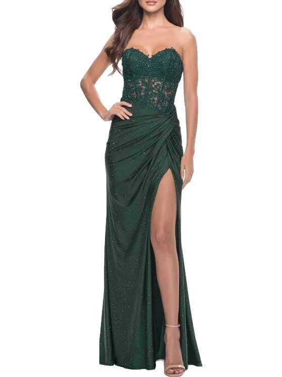 La Femme Sheer Lace Applique Bodice Gown - Dark Emerald