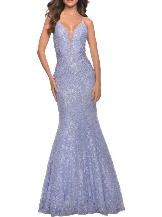 LABOMME Mermaid Beaded Lace Prom Gown With Illusion - Light Periwinkle