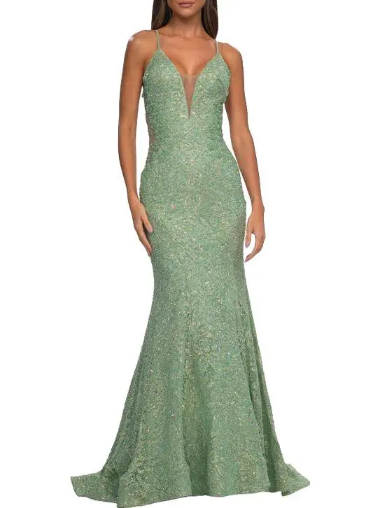 LABOMME Mermaid Beaded Lace Prom Gown With Illusion - Sage