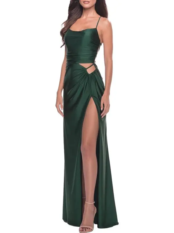 La Femme Cut Out Jersey Gown - Emerald