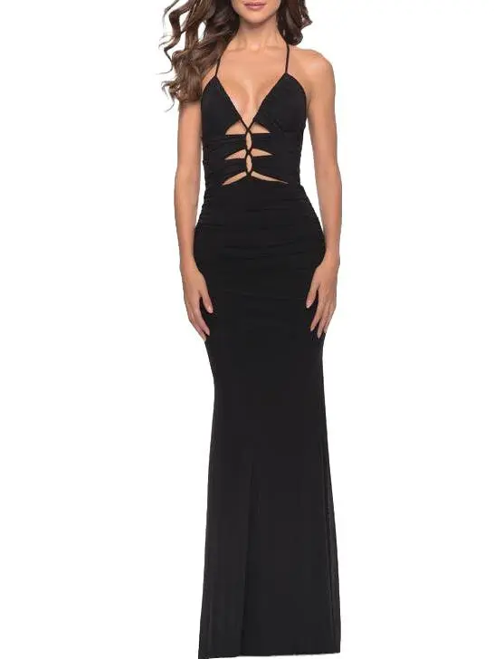 LABOMME Cut Out Net Jersey Prom Gown - Black