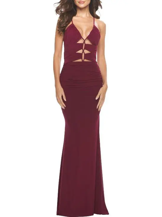 LABOMME Cut Out Net Jersey Prom Gown - Dark Berry