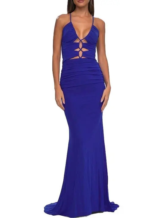 LABOMME Cut Out Net Jersey Prom Gown - Royal Blue
