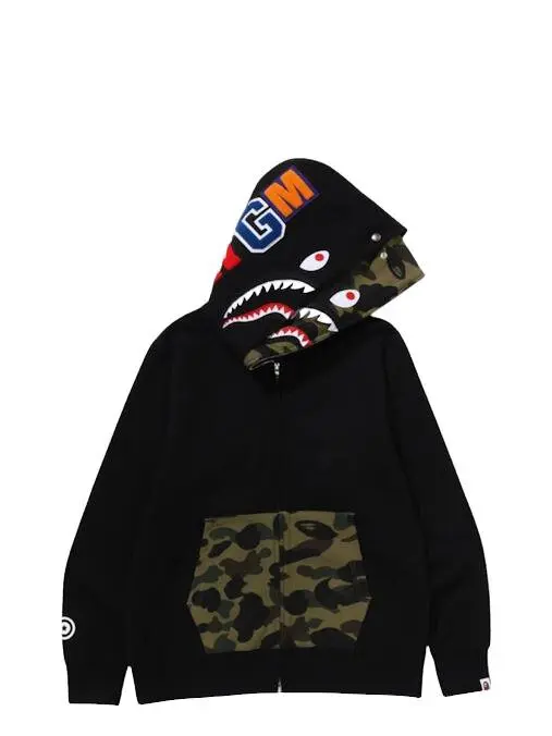 BAPE 1st Camo Shark Full Zip Double Hoodie - Black
