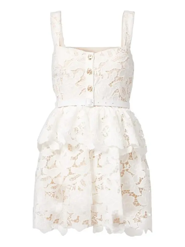 SELF-PORTRAIT Scalloped Tiered Lace Minidress - White
