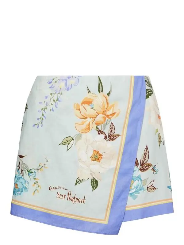 SELF-PORTRAIT Floral Linen And Cotton Shorts - Blue