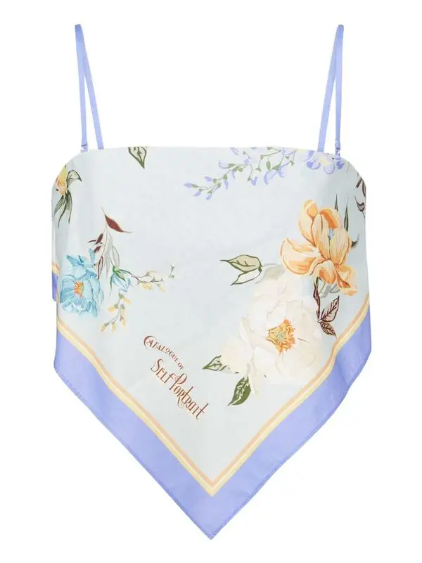 SELF-PORTRAIT Floral Linen And Cotton Crop Top - Blue