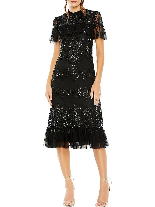 Mac Duggal Sequined High Neck Midi Dress - Black