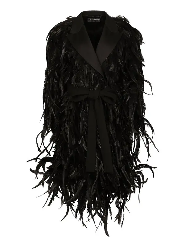 Dolce & Gabbana Wool Gabardine Feather Embellished Coat - Black