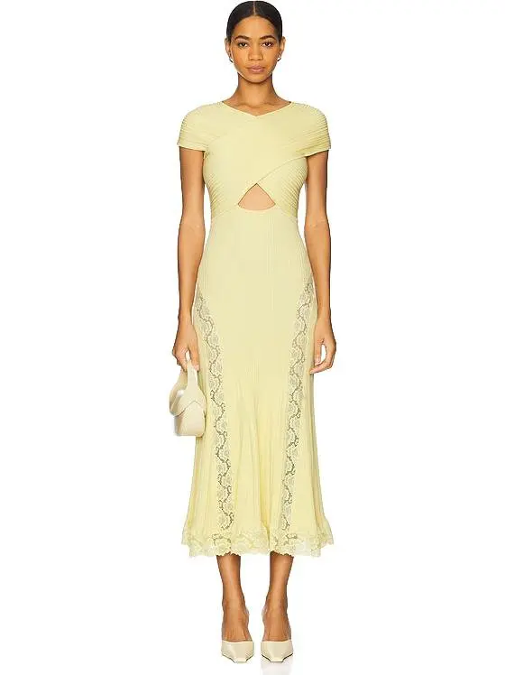 SELF-PORTRAIT Knit Lace Insert Midi Dress - Yellow