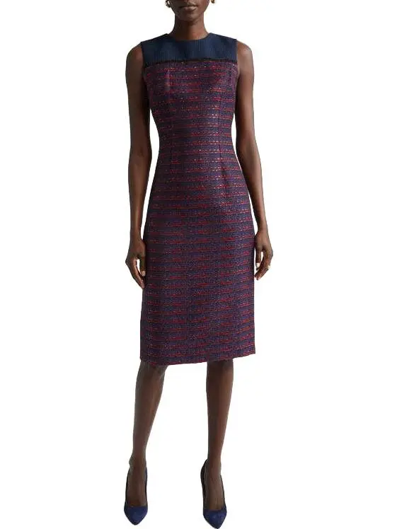 St. John Colorblock Tweed Sheath Dress - Midnight/ Geranium Multi
