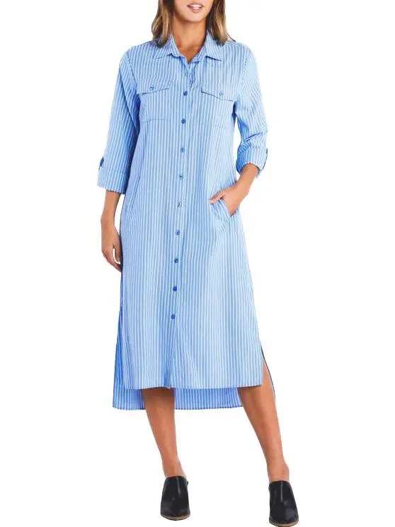 BILLY T Stripe Long Sleeve Linen Blend Shirt Dress - Denim Blue Stripes