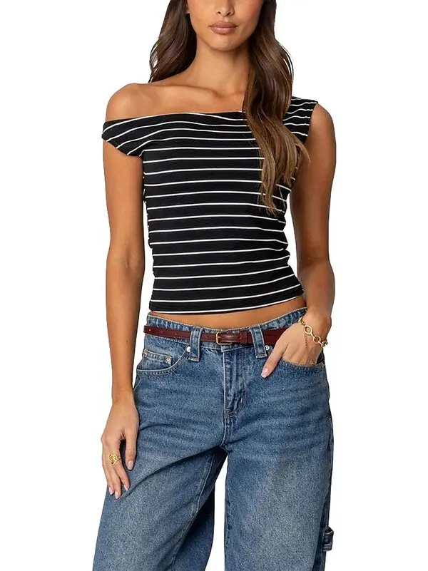 EDIKTED Striped Asymmetric Top - Black