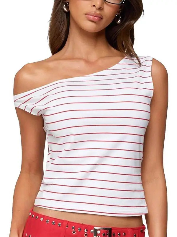 EDIKTED Striped Asymmetric Top - Red And White