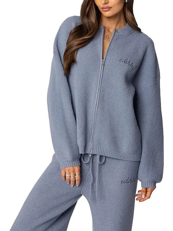 EDIKTED Kris Ribbed Knit Zip-up Sweater - Blue
