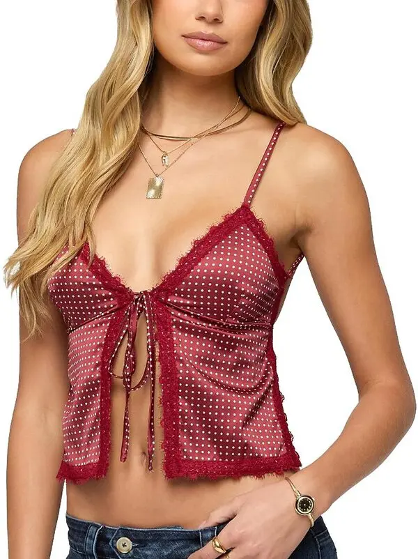 EDIKTED Backless Satin Effect Polka Dot Top - Burgundy