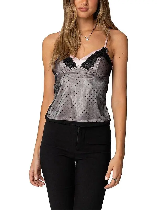 EDIKTED Janie Layered Polka Dot Mesh Top - Black