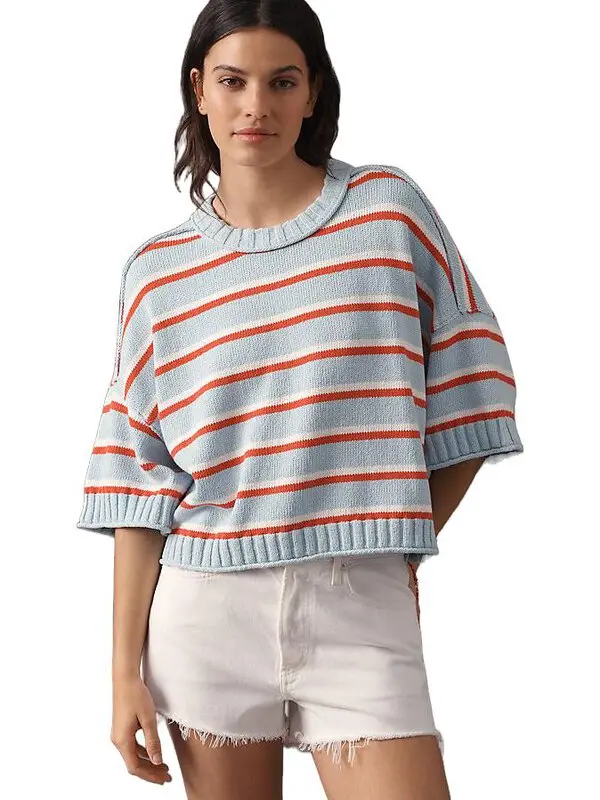 Anthropologie Goldie Cotton Crew-neck Sweater - Ceramic Blue Combo
