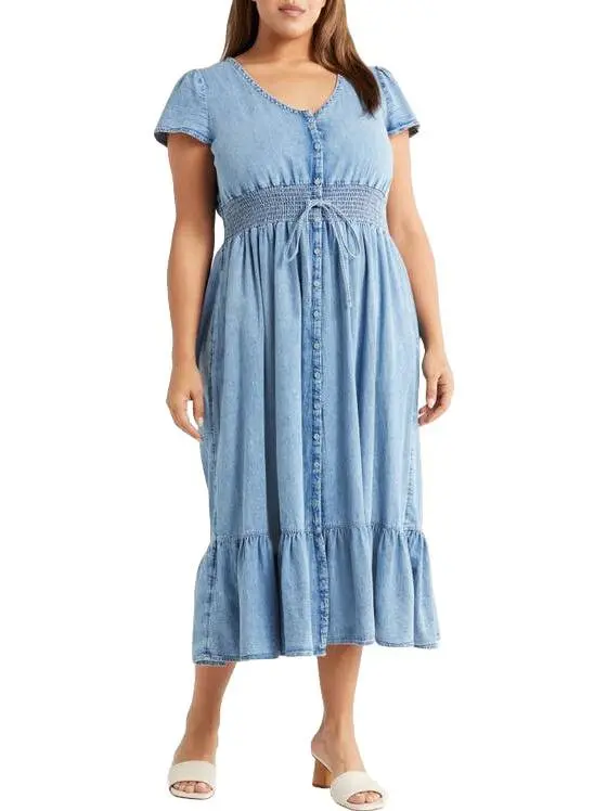 Treasure & Bond Smocked Waist Chambray Midi Dress - Light Wash
