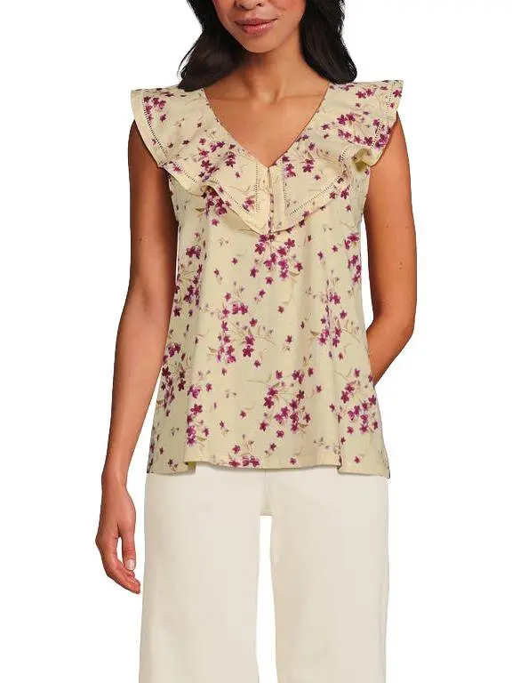 LANDS' END V-neck Ruffle Top - Cream/granite Snowdrop Floral