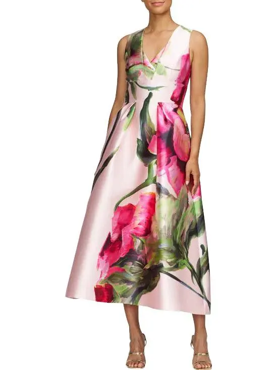 KAY UNGER Regina Floral Mikado Midi Dress - Blush