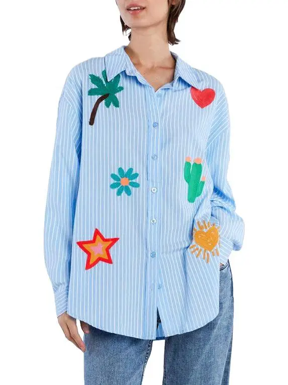 BILLY T Bali Embroidered Button-up Shirt - Blue Prep Stripe