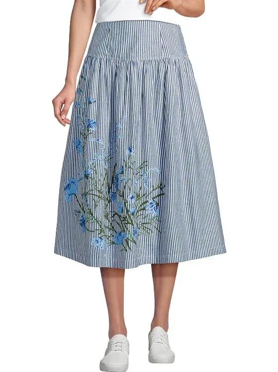 LANDS' END Poplin Drop Waist Midi Skirt - Navy Striped Placed Floral