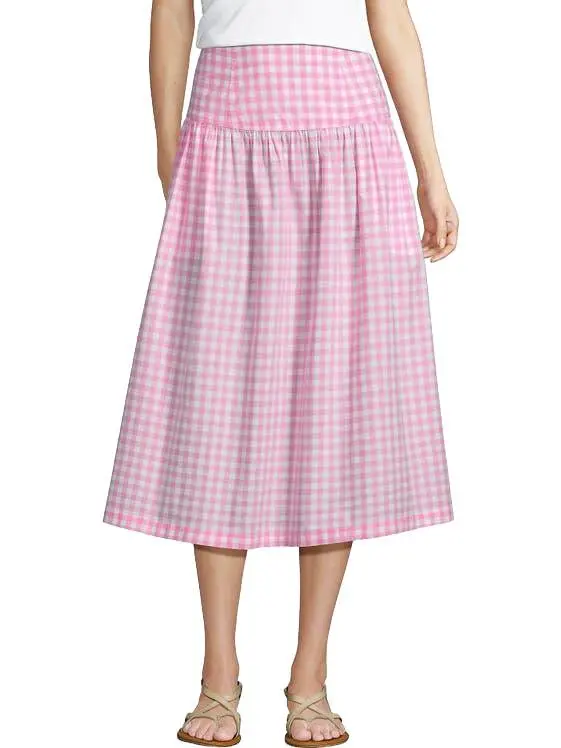 LANDS' END Poplin Drop Waist Midi Skirt - Seaside Pink Gingham