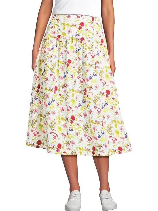 LANDS' END Poplin Drop Waist Midi Skirt - White Multi Garden Floral