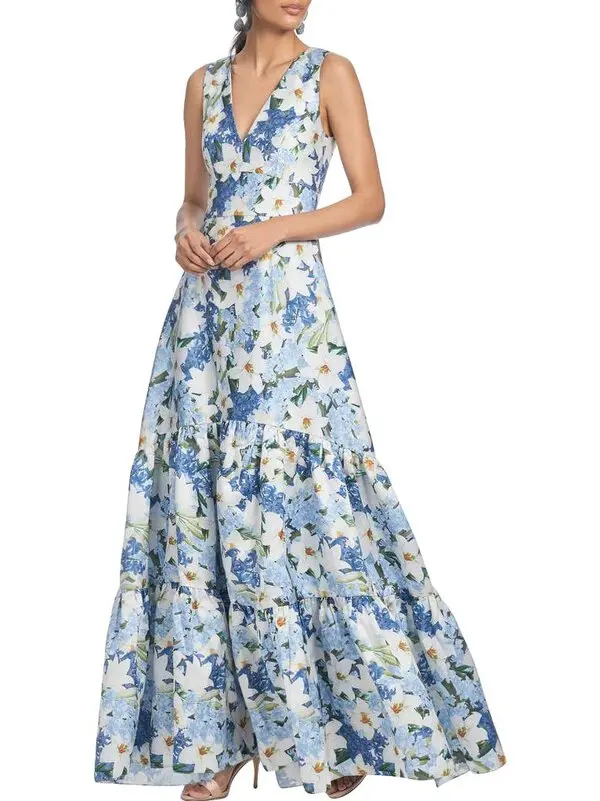 Sachin & Babi Rori Floral Mikado Gown - Sky Blue Star Lillies