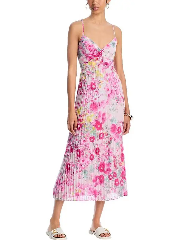 Steve Madden Ray Pleated Floral Chiffon Midi Dress - Pink Hydrangea