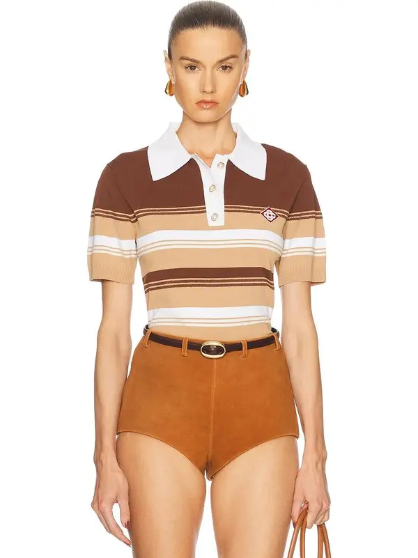 Casablanca Chicano Striped Polo Top - Beige & Brown