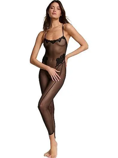 Victoria's Secret Sheer Rose Lace-trim Catsuit - Black