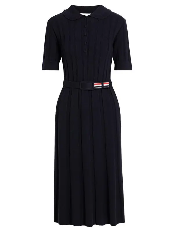 Thom Browne Belted Ribbed Wool-blend Midi Shirt Dress - Midnight Blue
